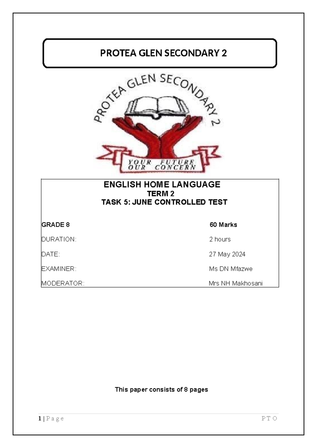 Grade 8 English Home Language June Exam Paper 2024 - 60 Marks - Studocu