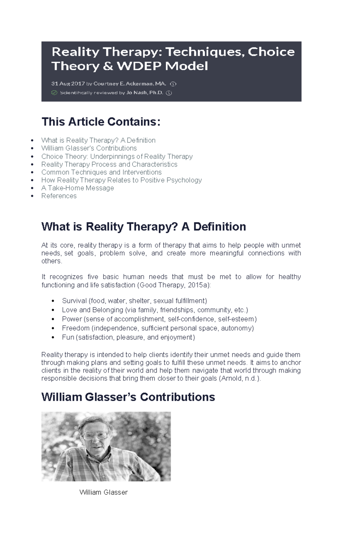 Reality Therapy Techniques: Exploring Choice Theory & WDEP - Studocu