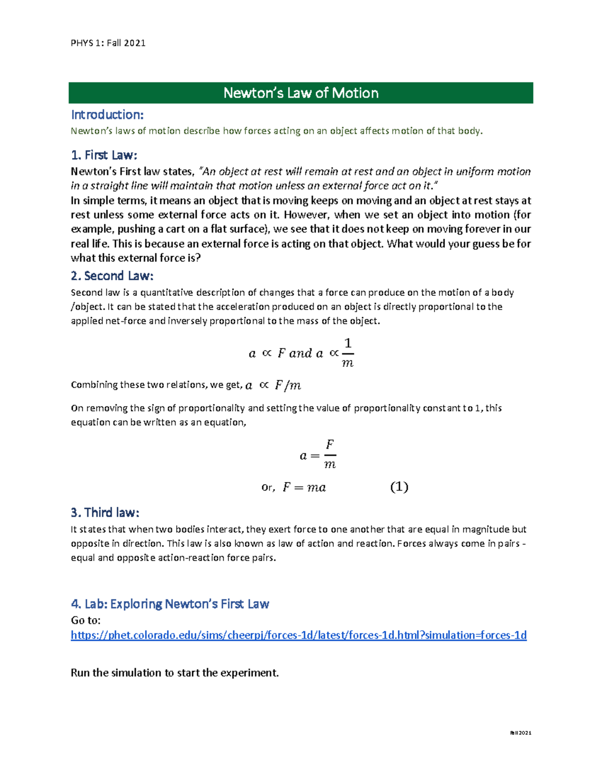 Lab 5 - Exploring Newton's Laws of Motion and Their Applications - Studocu