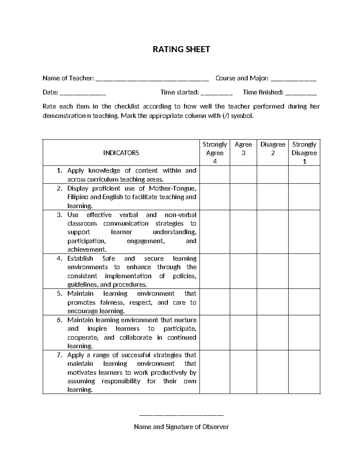 Teacher Performance Rating Sheet: Evaluation Checklist - Studocu