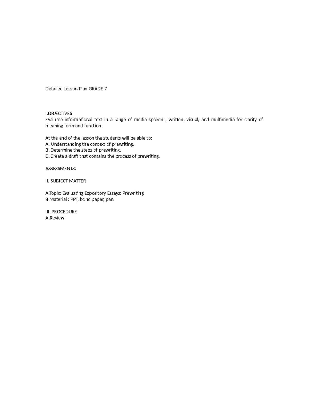 LESSON PLAN GRADE 7: Evaluating Expository Essays & Prewriting - Studocu