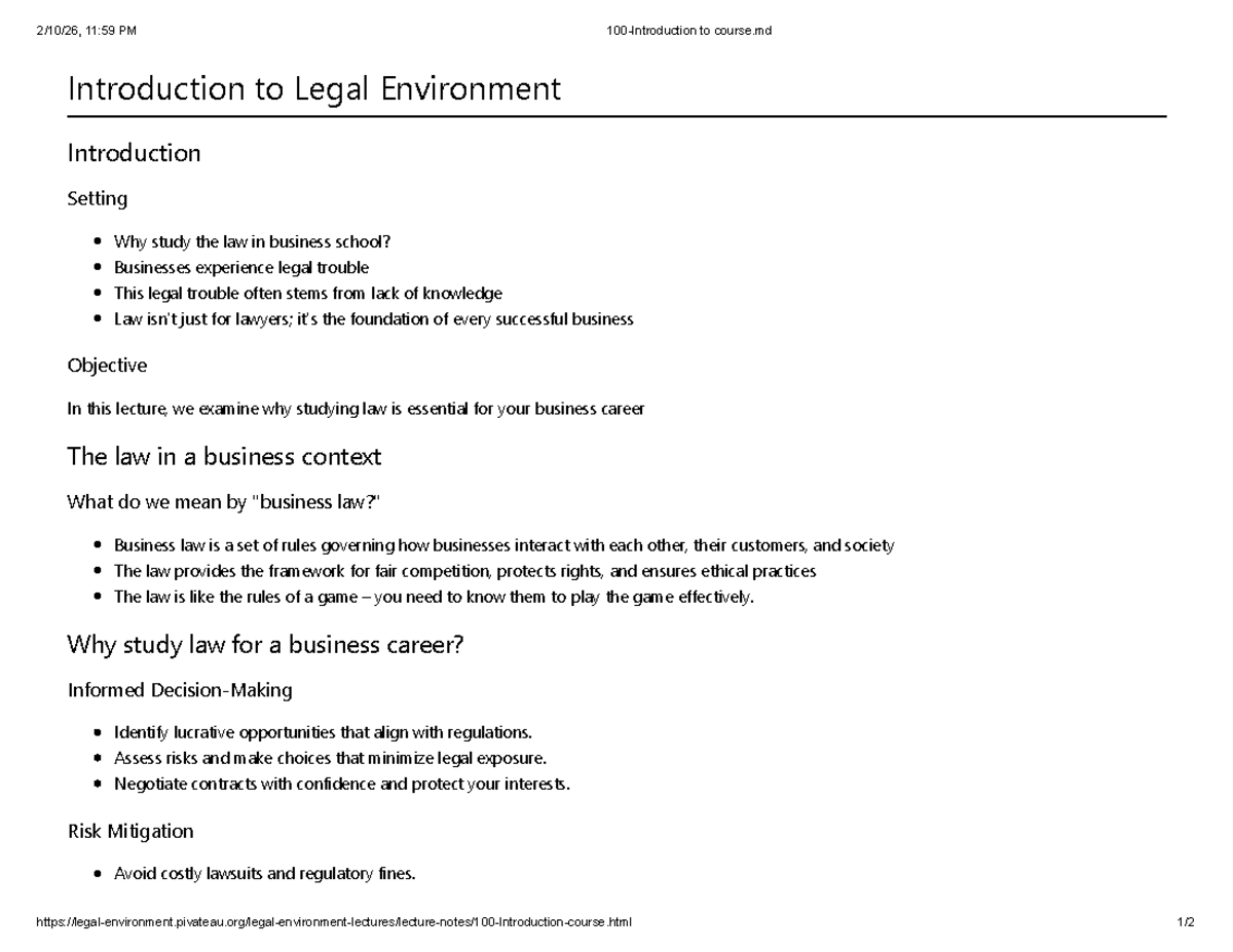 Introduction to Legal Environment: Business Law Essentials - Studocu