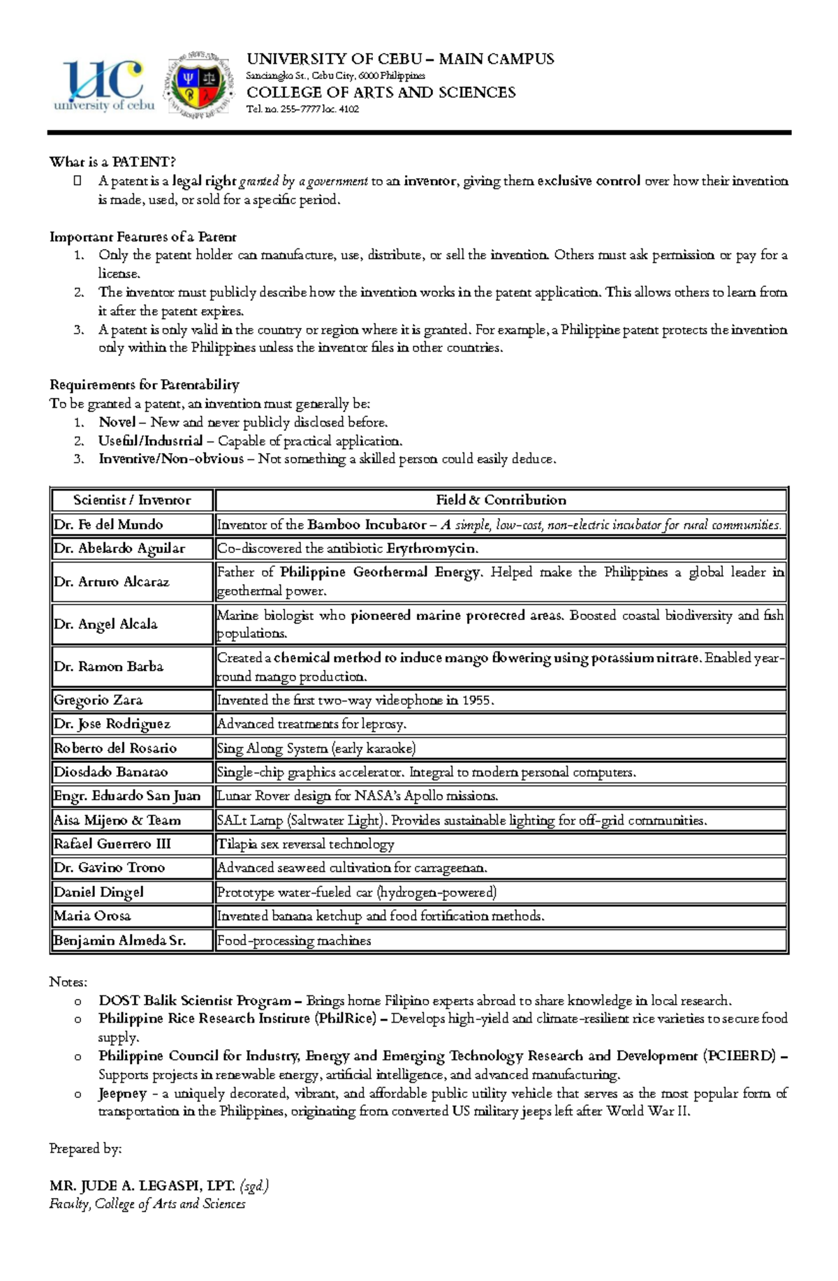CAS 101: Overview of Patents and Notable Filipino Inventors - Studocu