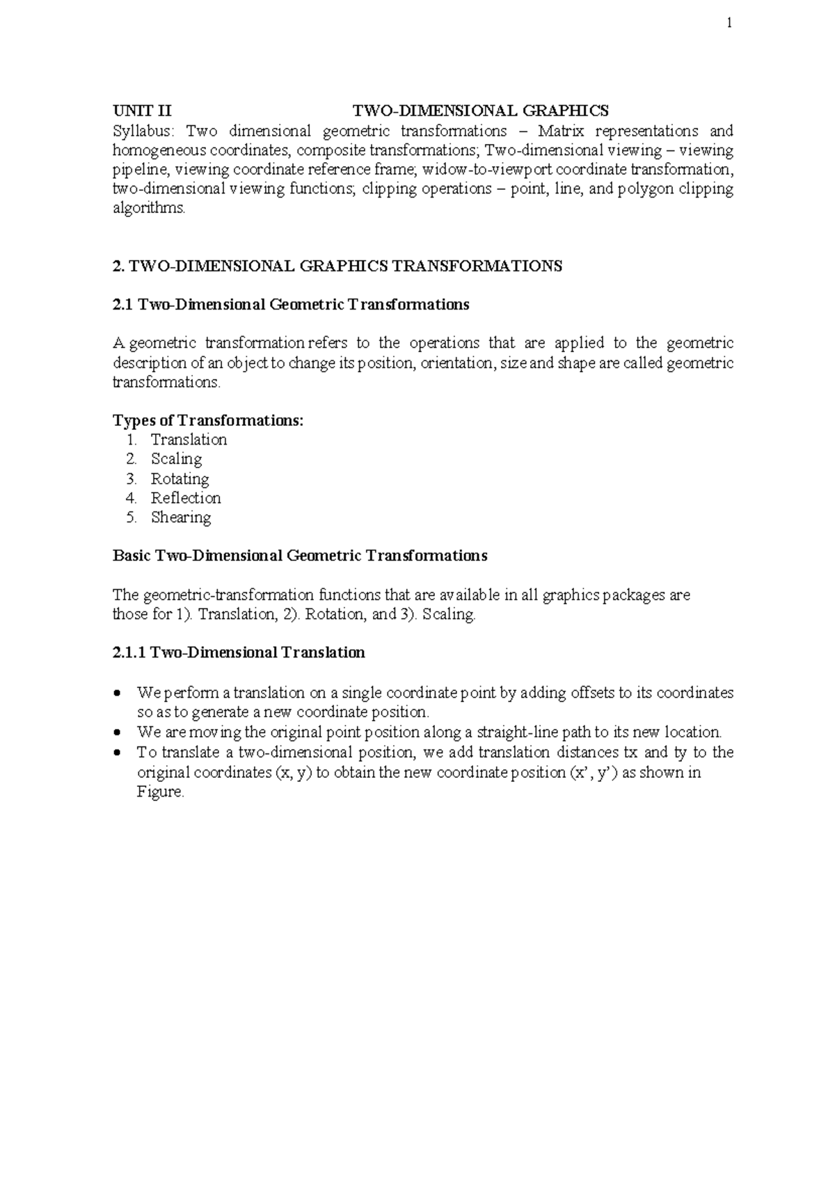 UNIT II: 2D Graphics Transformations and Matrix Representations - Studocu