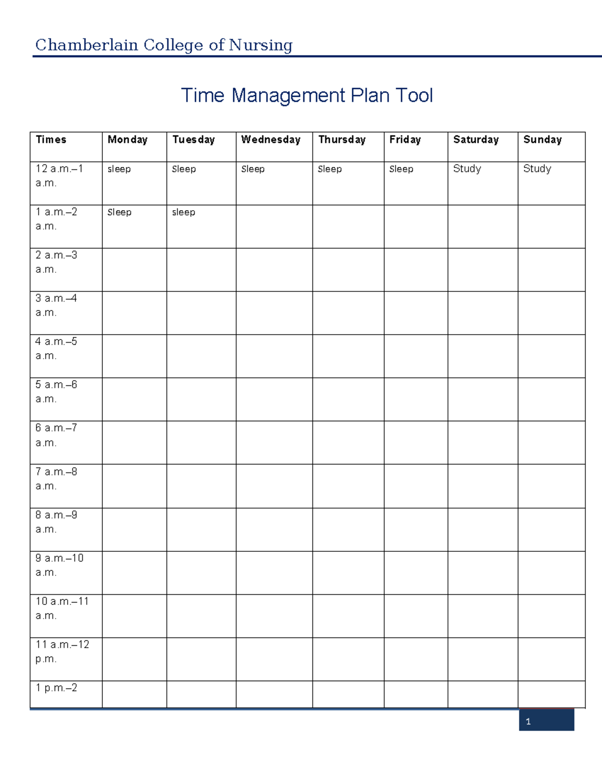 NR351 W2 Time Management tool - Chamberlain College of Nursing Time ...