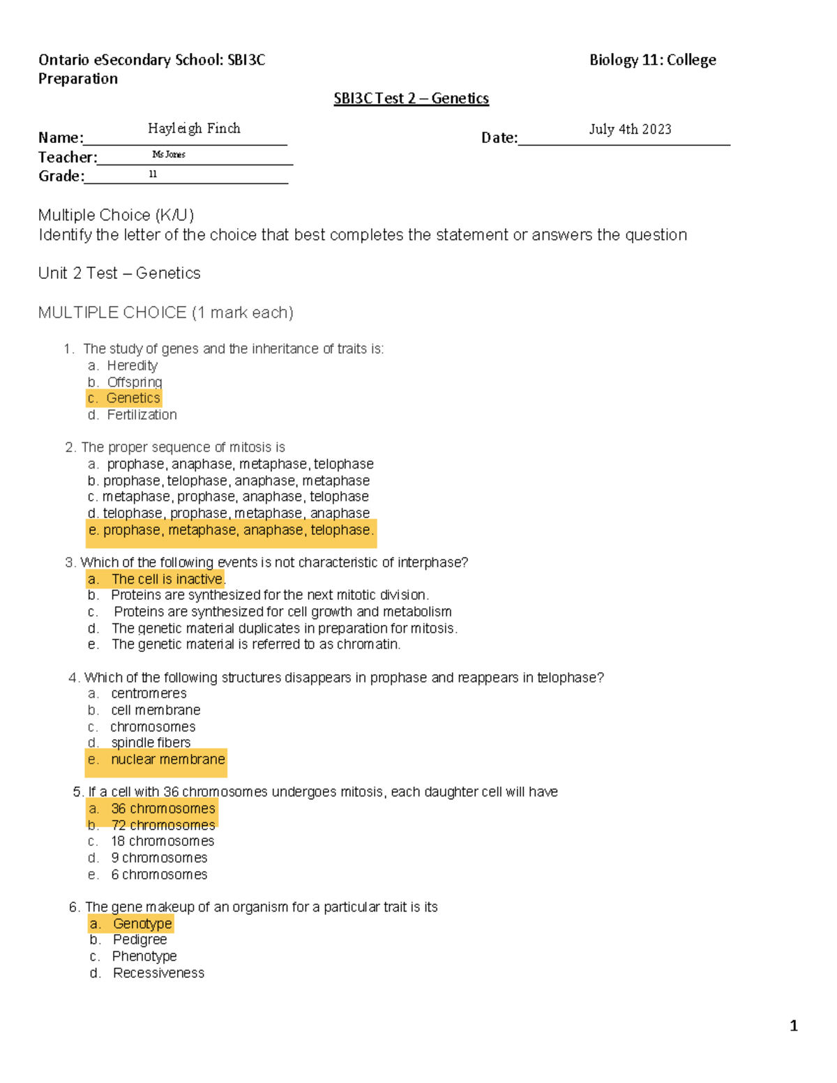 SBI3C UNIT 2 TEST - Genetics Focused Questions and Answers - Studocu