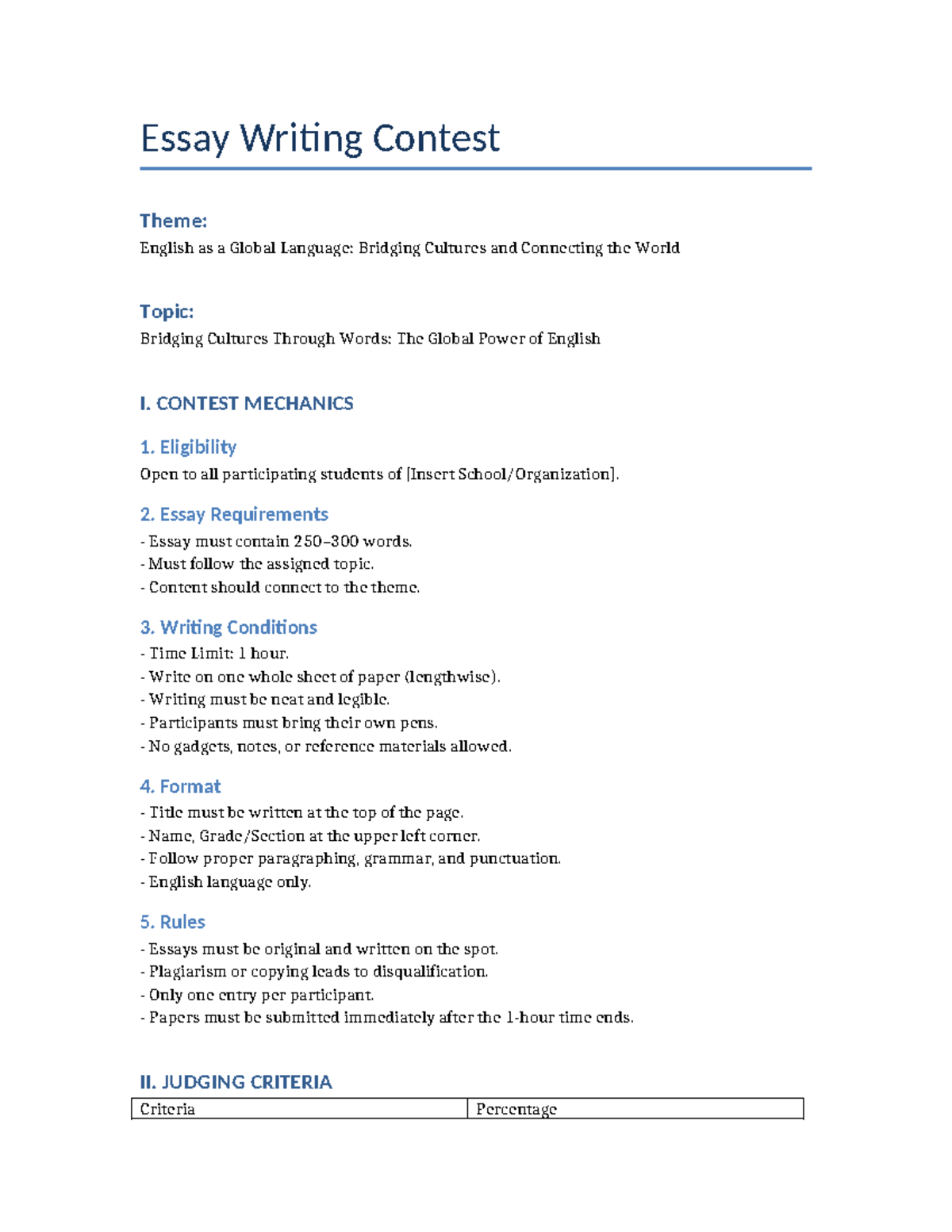 Essay Writing Contest Mechanics: English as a Global Language - Studocu