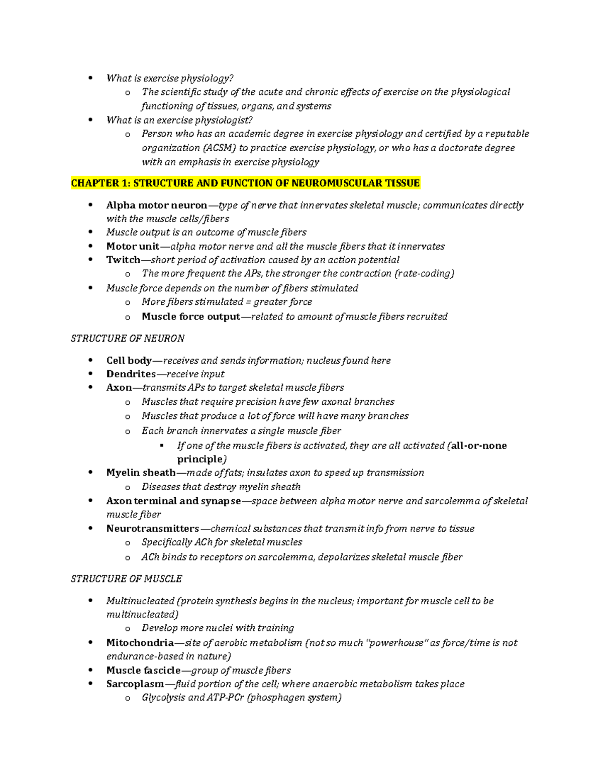 494 Exam 1 Study Materials - Exercise Physiology Overview - Studocu