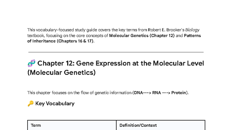 Study Guide: Key Terms in Genetics from Brooker's Biology (Ch. 12, 16 & 17) - Studocu