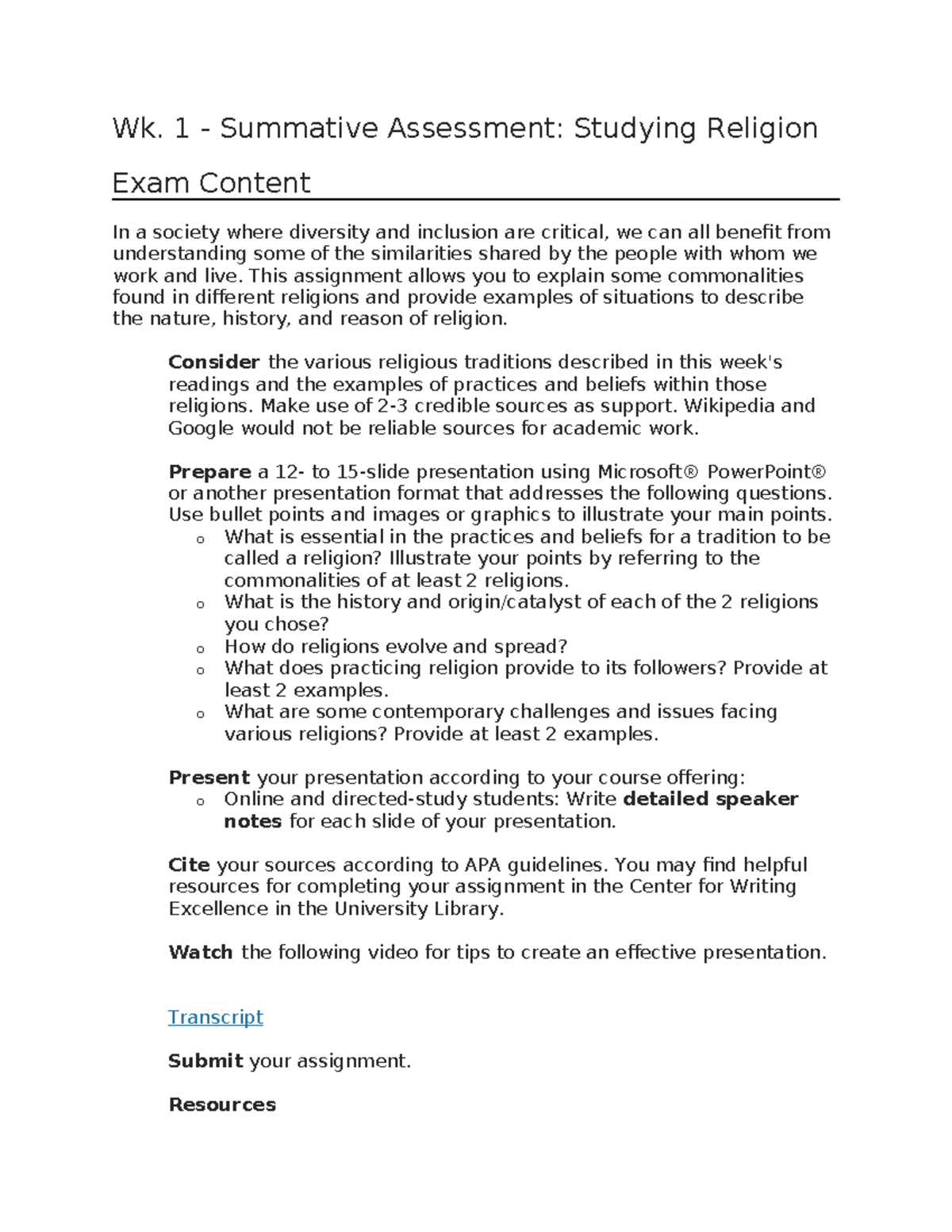 Wk. 1 Summative Assessment: Religion Presentation Slides Guide - Studocu