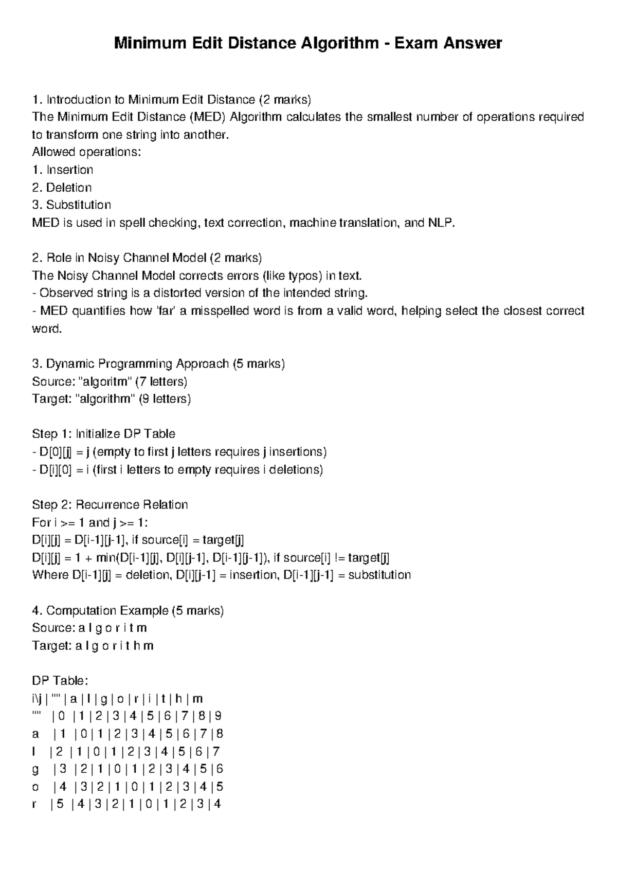 Minimum Edit Distance Algorithm Exam Answer - Studocu