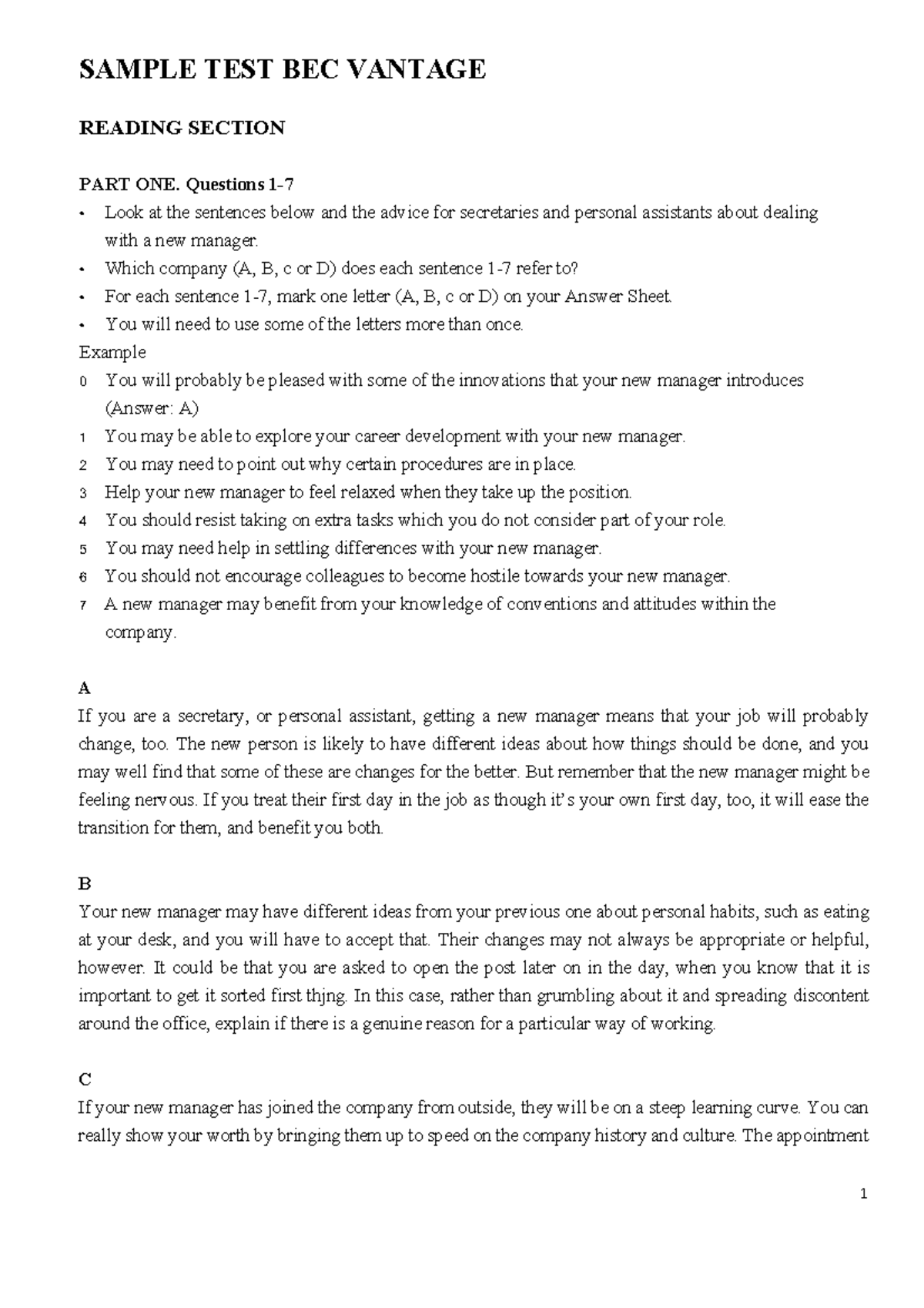 Sample BEC Vantage Test: Reading Comprehension & Work-Life Balance ...