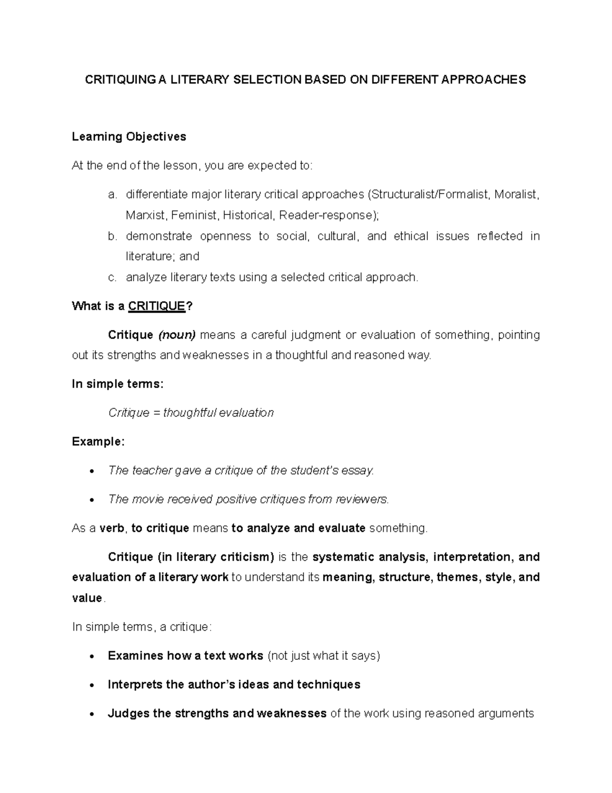 CRITIQUING LITERARY SELECTIONS: A GUIDE TO CRITICAL APPROACHES - Studocu