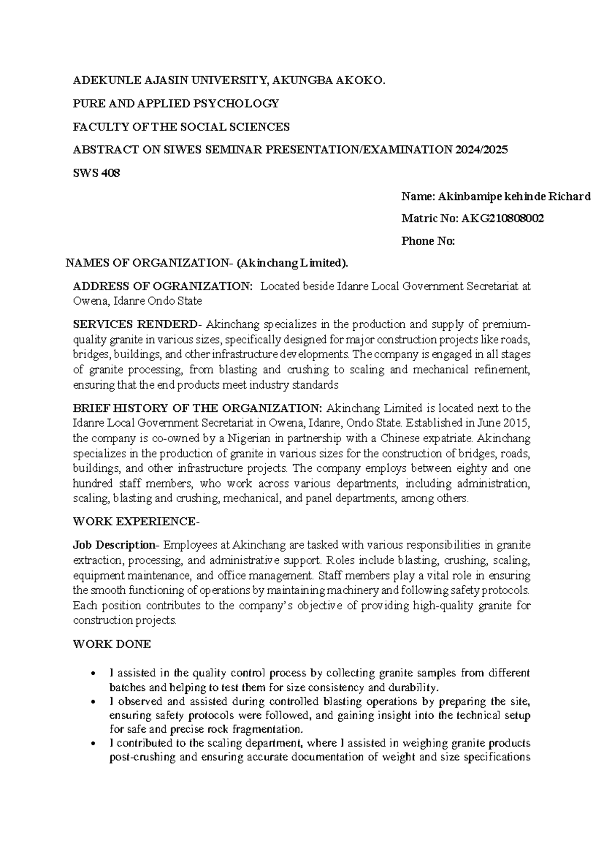 SIWES Abstract by Akinbamipe K.R. - SWS 408, 2024 Examination - Studocu