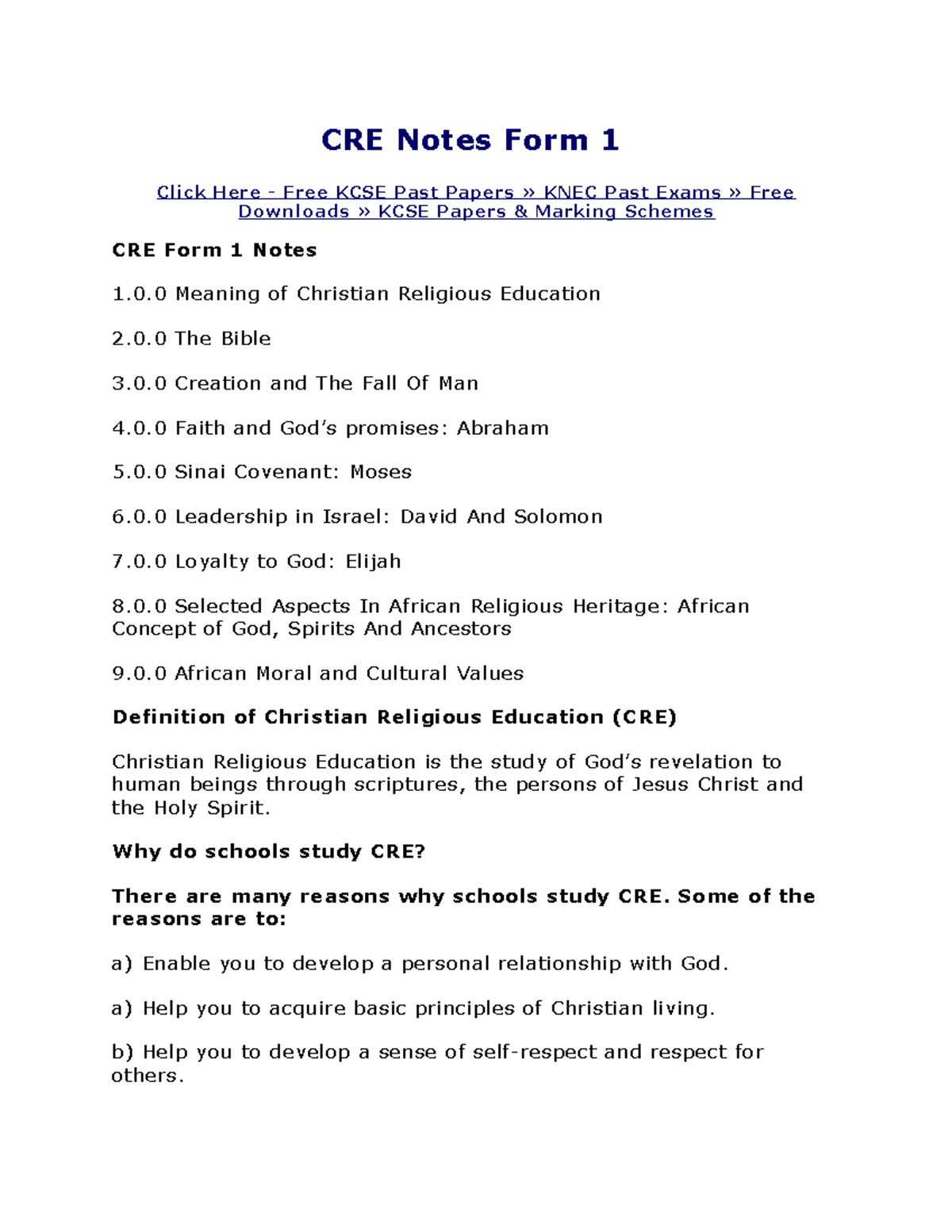 CRE Form 1 Notes: Understanding Christian Religious Education Concepts ...