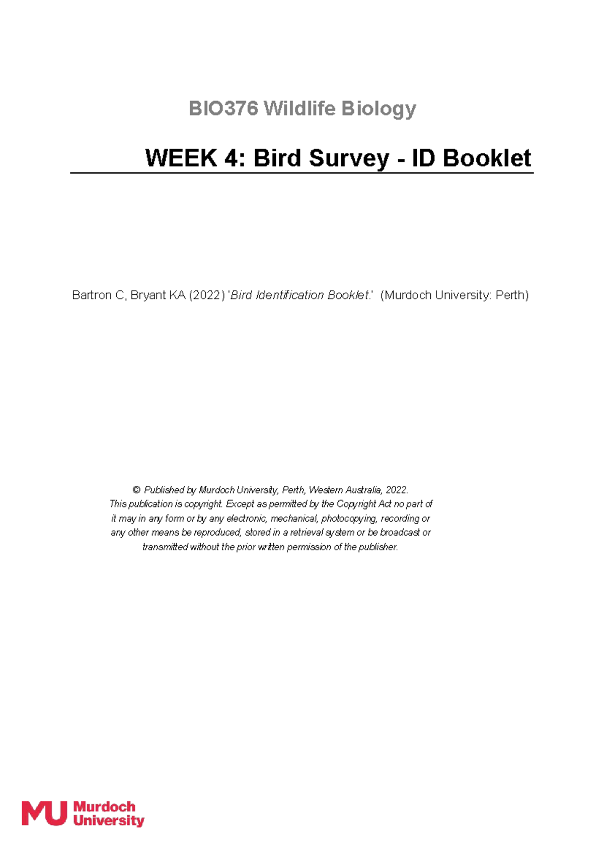 BIO376 Wildlife Biology WEEK 4: Bird Survey Field ID Guide 2022 - Studocu