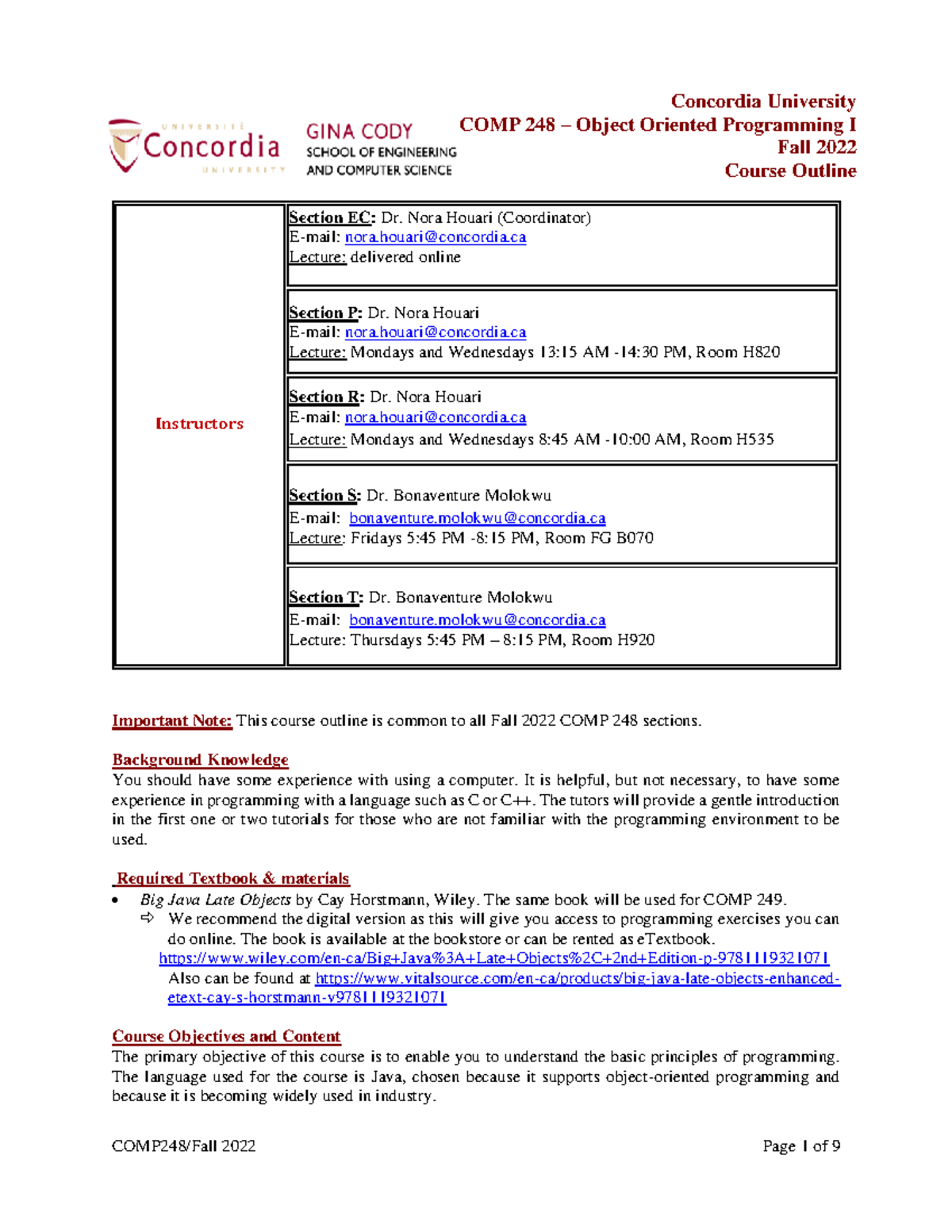 COMP248 Fall 2022 outline - Concordia University COMP 248 – Object Oriented Programming I Fall ...