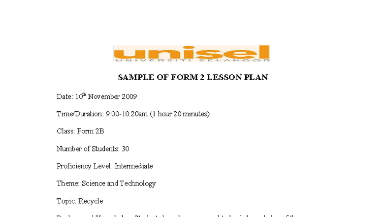 Form 2B Writing Lesson Plan: Recycling & Sequence Connectors - Studocu