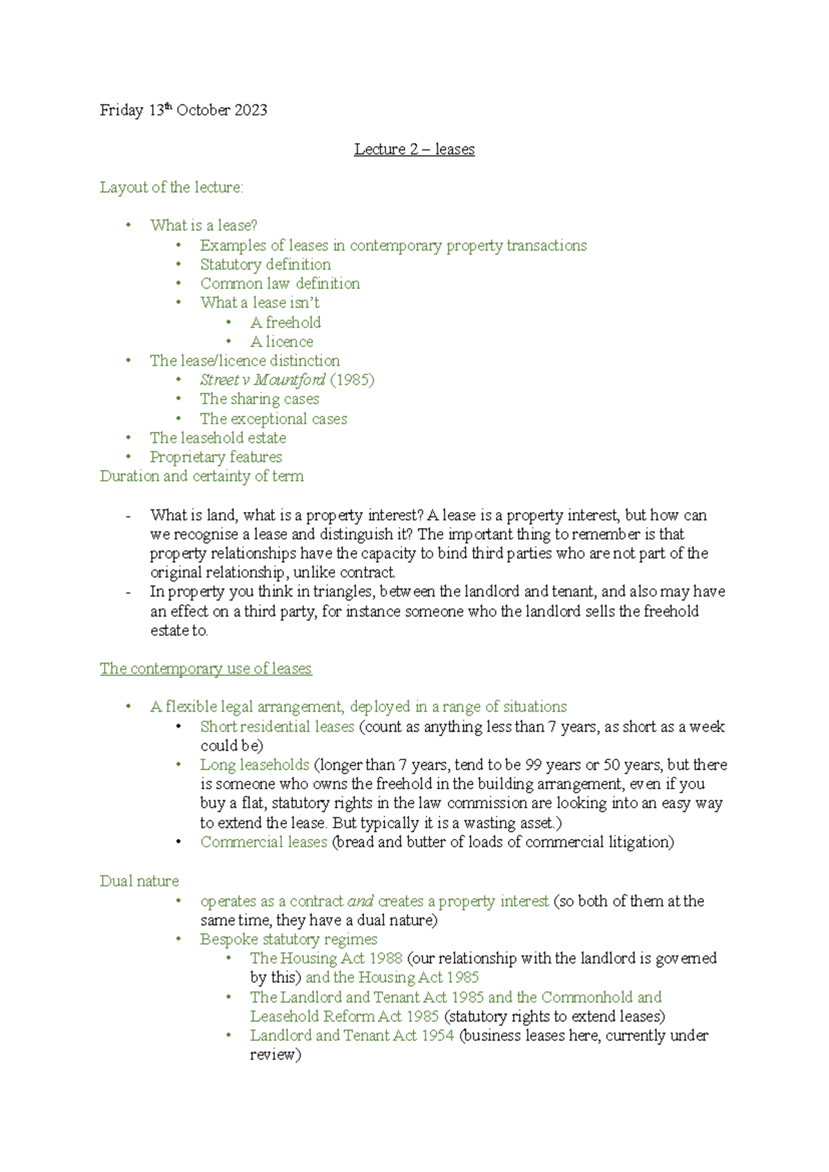 Lecture 2: Understanding Leases in Land Law (Course Code: LAW101) - Studocu