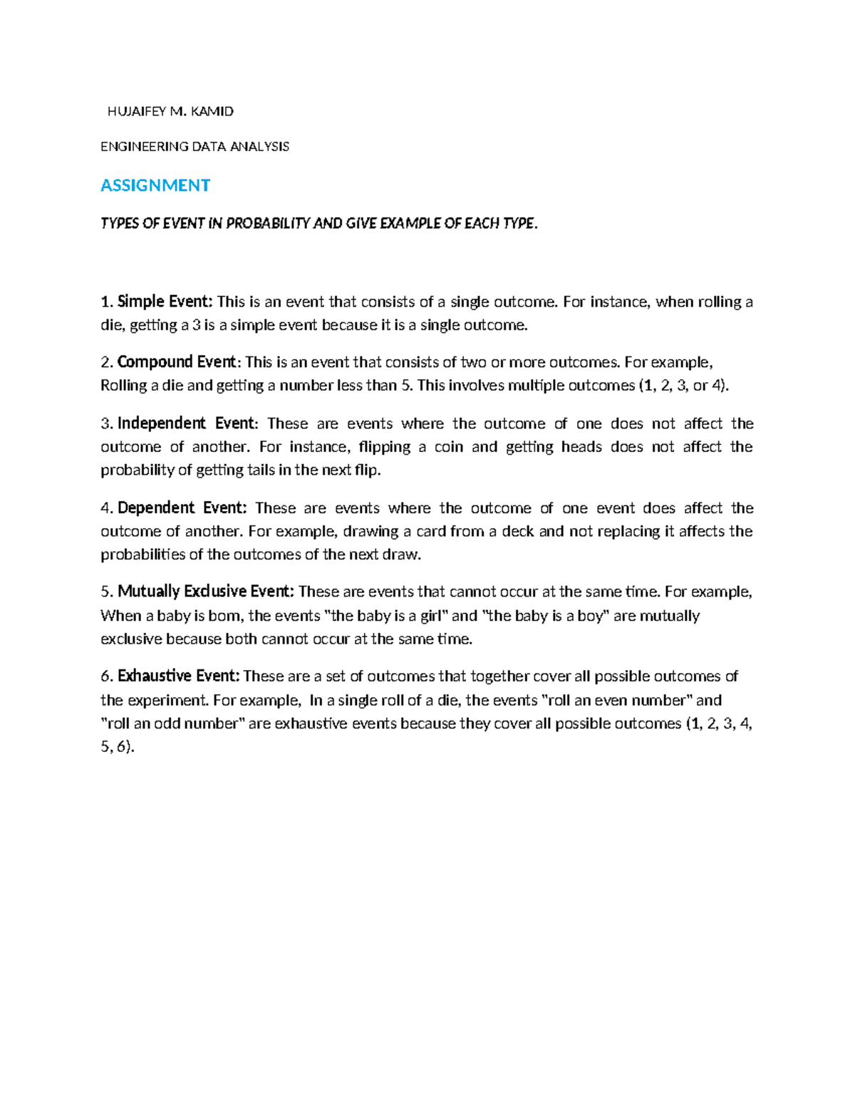 EDA Assignment - Types of Events in Probability and Examples - Studocu
