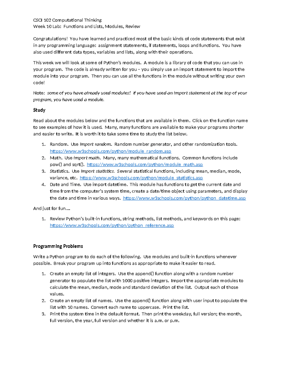 CSCI 102 Week 10 Lab: Functions, Lists, & Python Modules Guide - Studocu