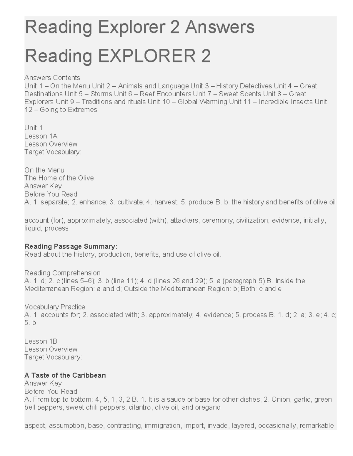 Reading Explorer 2 Answer Key: Comprehensive Unit Solutions - Studocu
