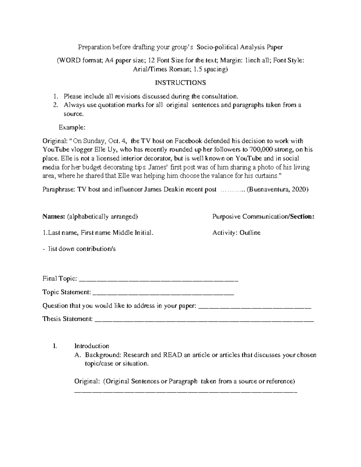 Preparation Outline for Socio-Political Analysis Paper - Studocu