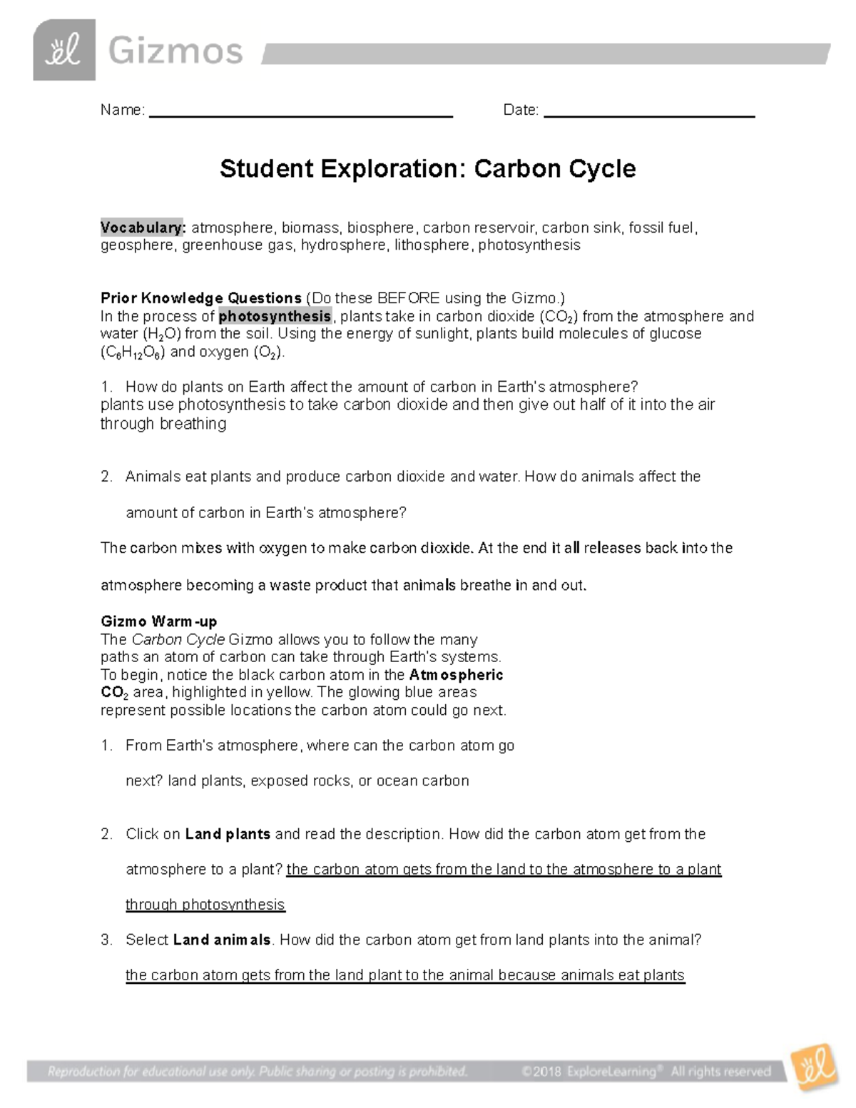 Exploring the Carbon Cycle: Student Exploration SEFrancis - Studocu