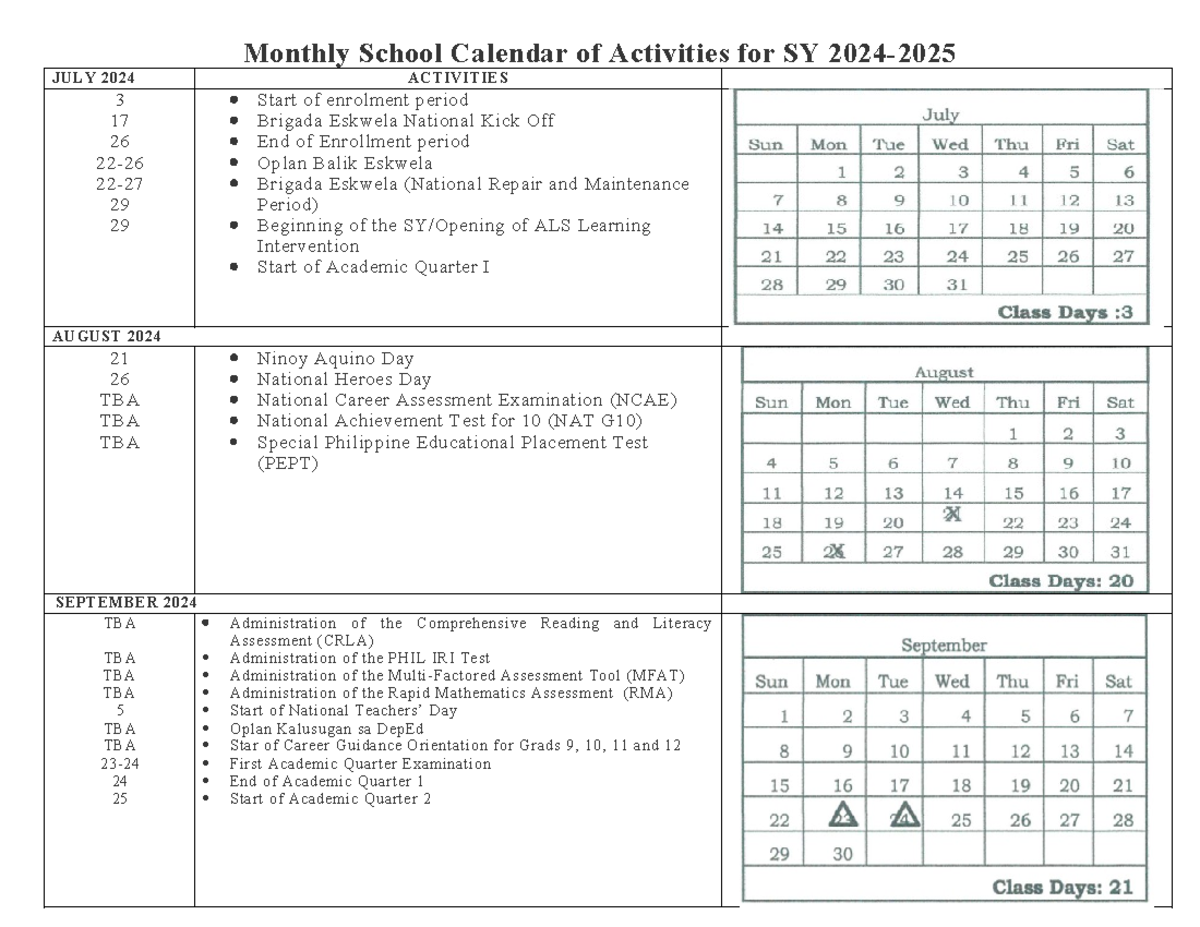 Monthly Activity Calendar for SY 2024-2025 - Studocu