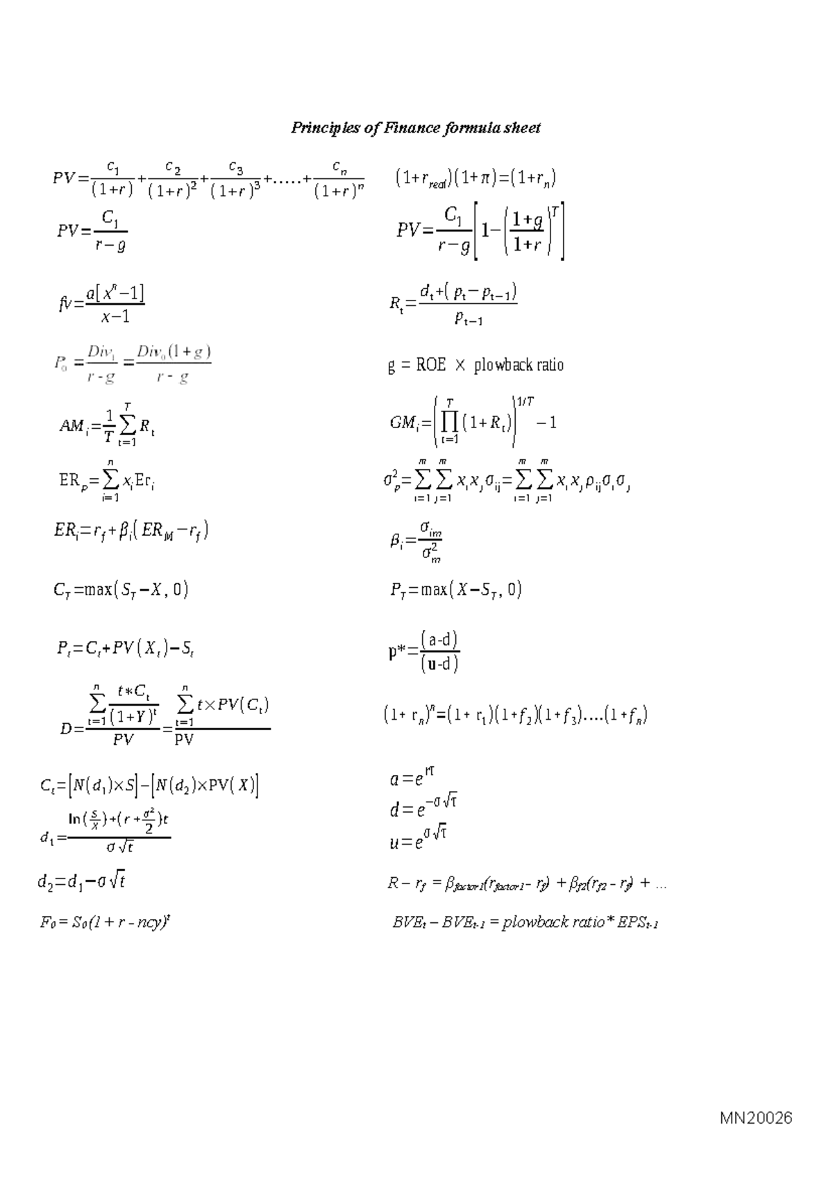 MN2002 6 Formula Sheet - Principles of Finance formula sheet PV = c 1 ...