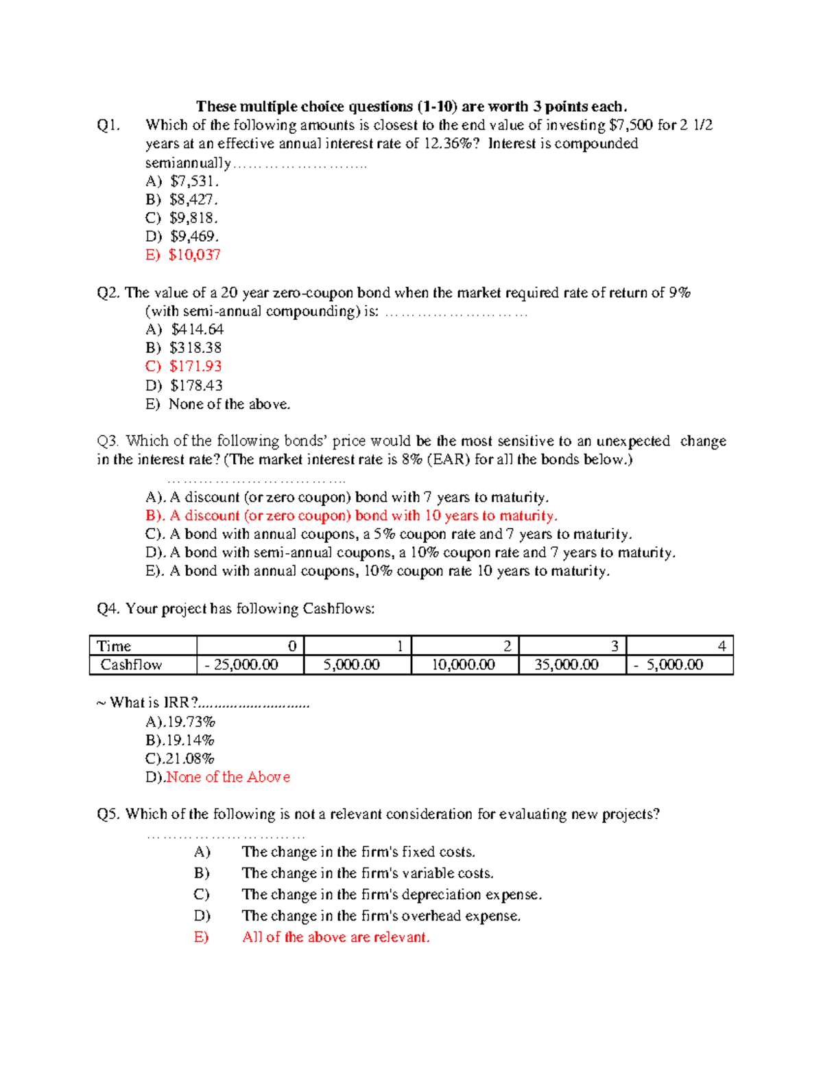Sample Final Solutions for Finance 101: Multiple Choice & Problems ...