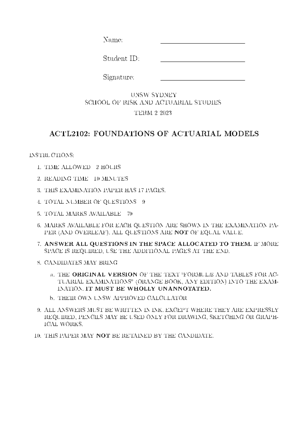 ACTL2102: Foundations of Actuarial Models - Term 2 2023 Exam Paper with ...