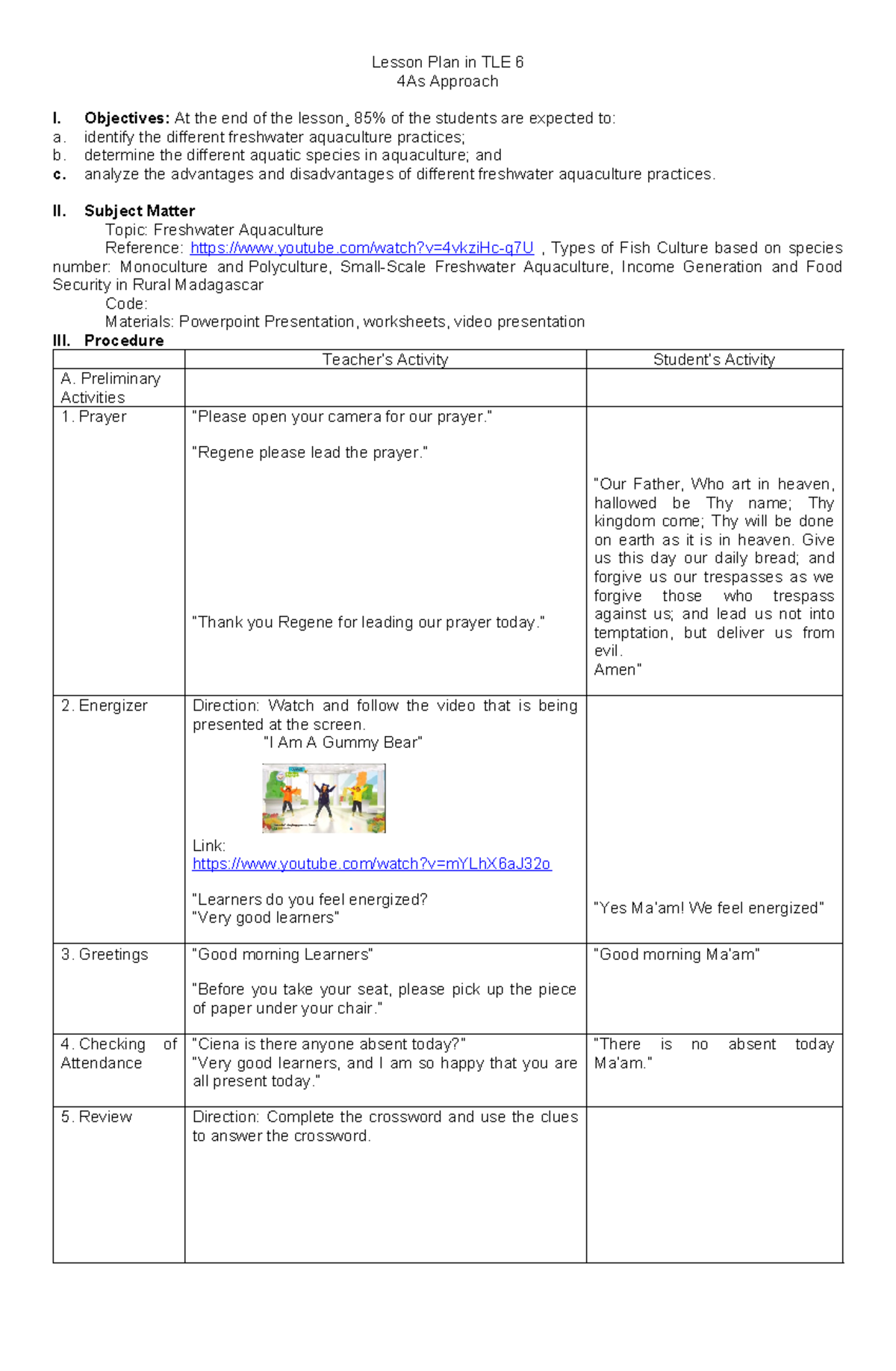TLE 6 Lesson Plan: Freshwater Aquaculture Practices & Species - Studocu