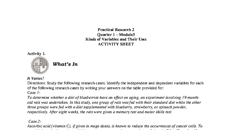 Practical Research 2 Q1 Module 3: Kinds of Variables & Uses Activity ...