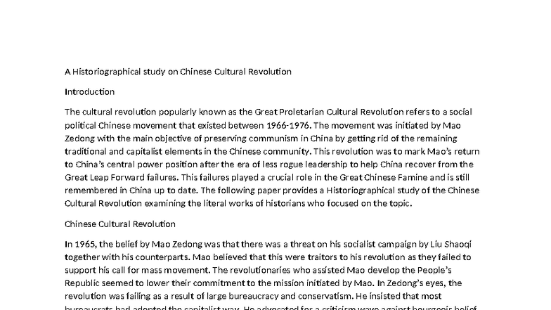 Historiographical Analysis of the Chinese Cultural Revolution (HIST 101 ...