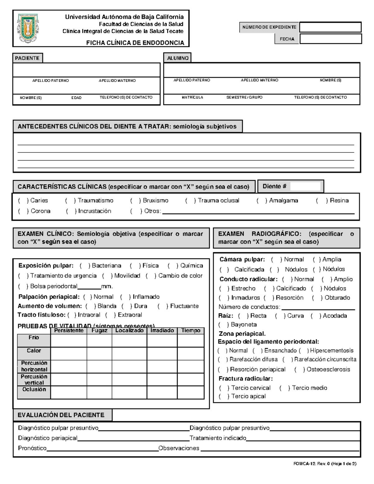 Ficha Clínica de Endodoncia - UABC - Facultad de Ciencias de la Salud ...