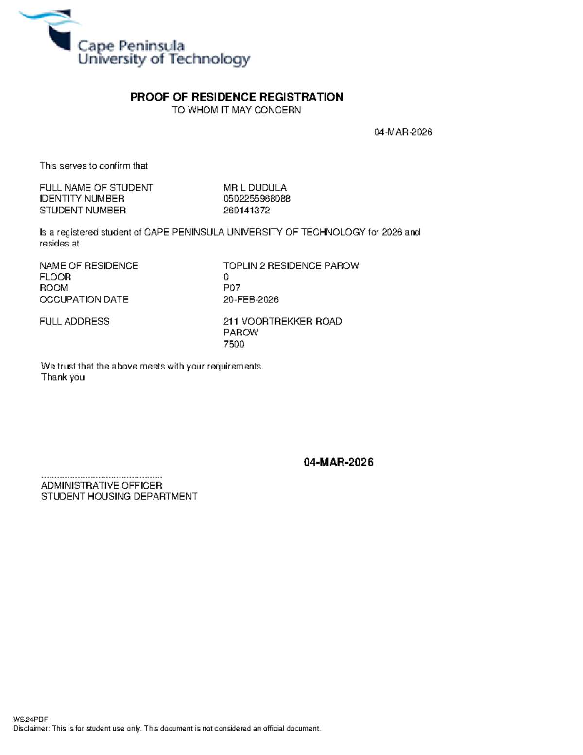 Proof of Residence Registration - CPUT 2026 - Studocu