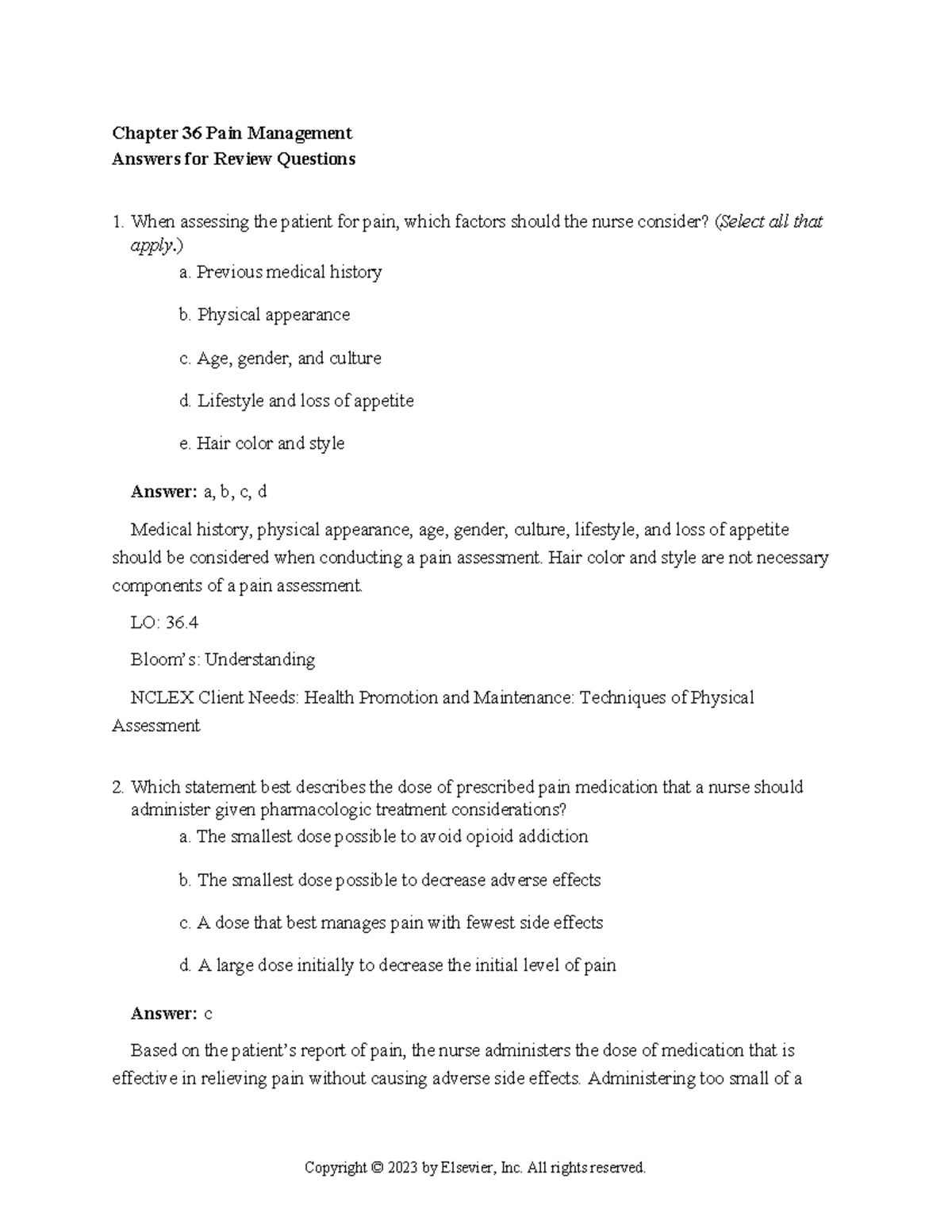 Pain Management: Chapter 36 Practice Questions and Answers - Studocu