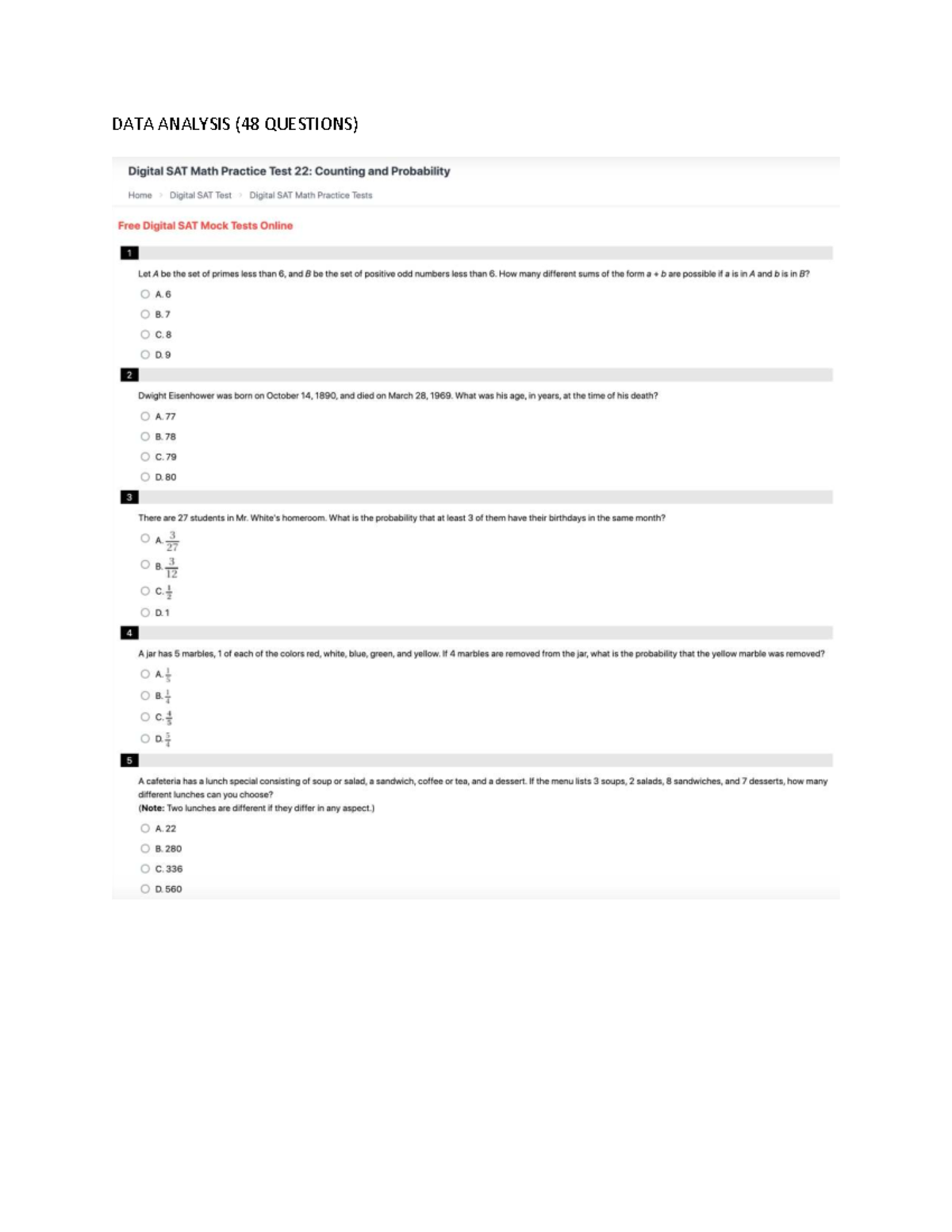 Data Analysis (48Q) - Digital SAT Math Practice Test 22-26 - Studocu