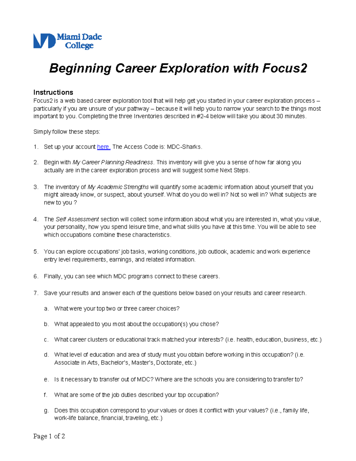Focus2 Career Exploration Instructions (Course Code: 5) - Studocu