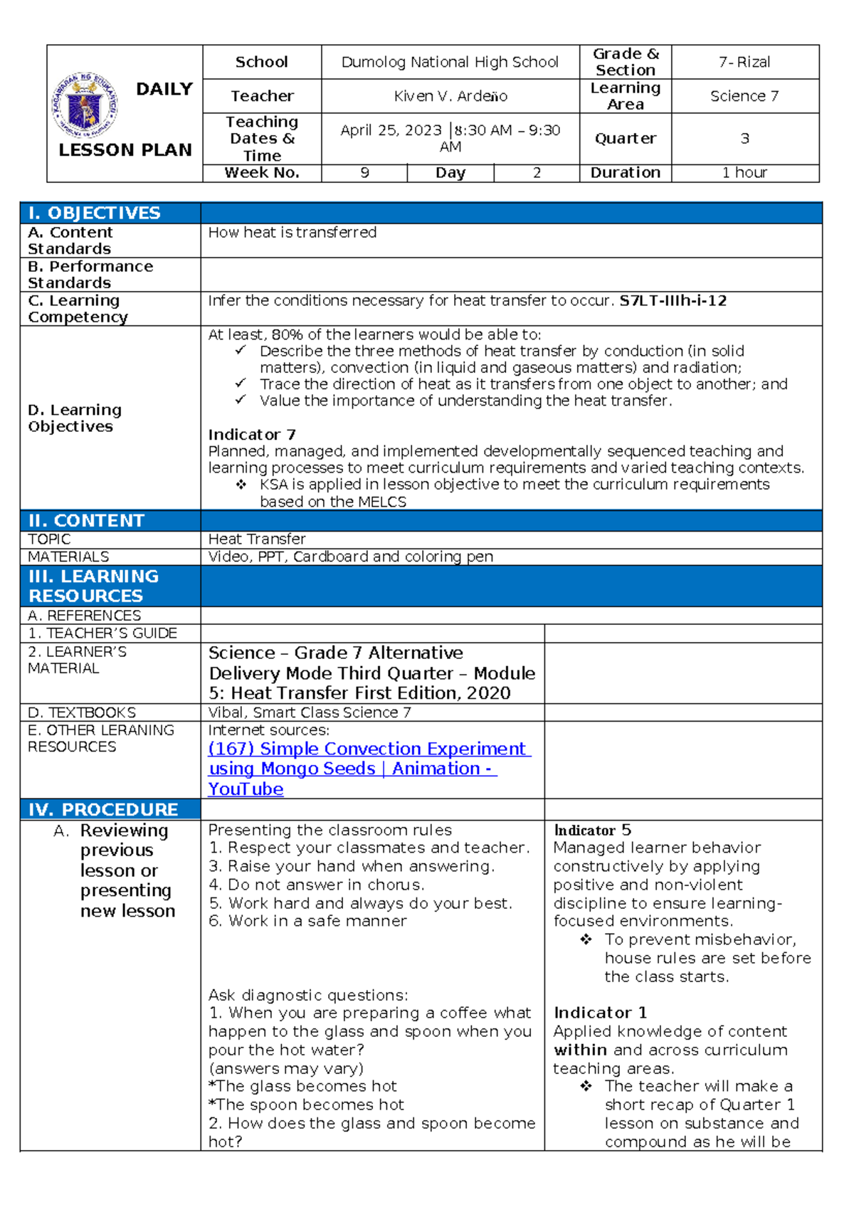 CO-LP-3rd-Quarter Science 7 Lesson Plan: Heat Transfer Concepts - Studocu