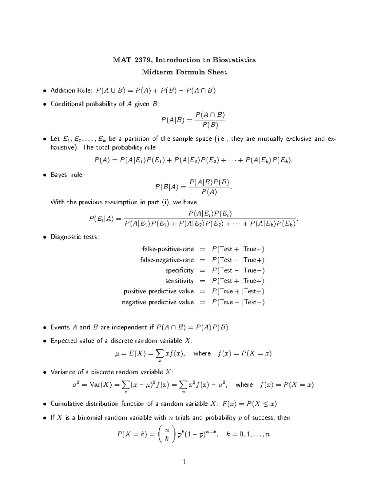MAT 2379 Midterm 1 Biostatistics Formula Sheet - Studocu