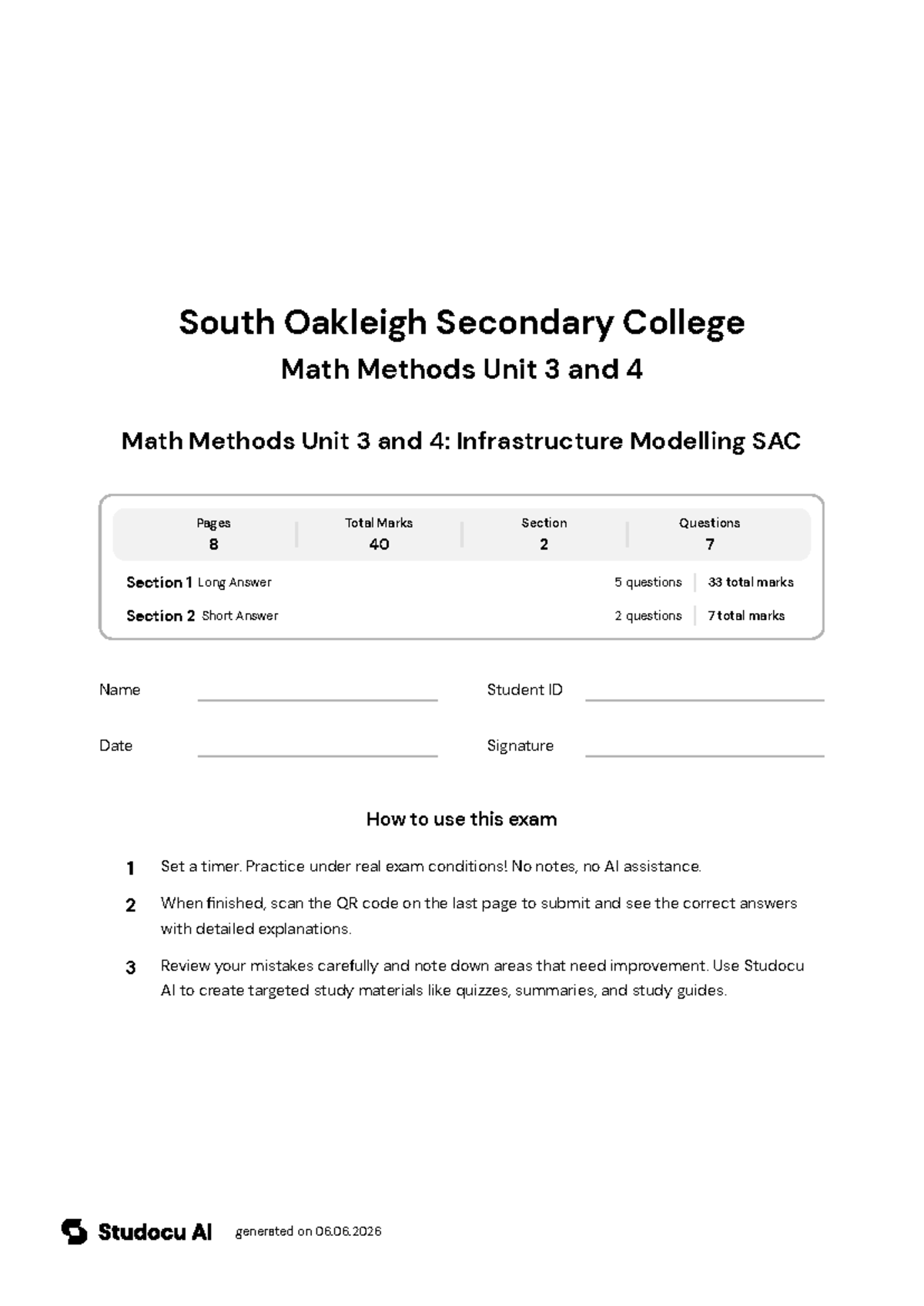 Math Methods Unit 3 & 4: Infrastructure Modelling SAC - Studocu