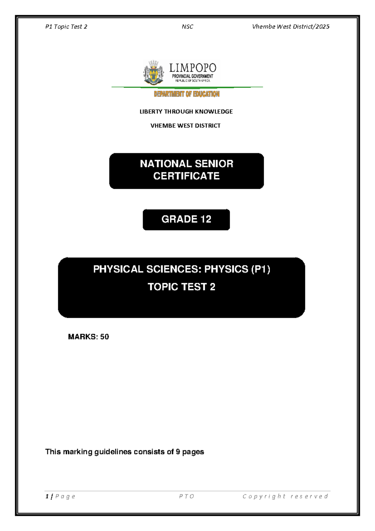 Grade 12 Physics (P 1) Topic Test 2 Guidelines and Questions 2025 - Studocu