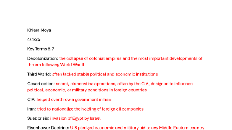 Key Terms 8.7: Decolonization and Global Developments Post-WWII - Studocu