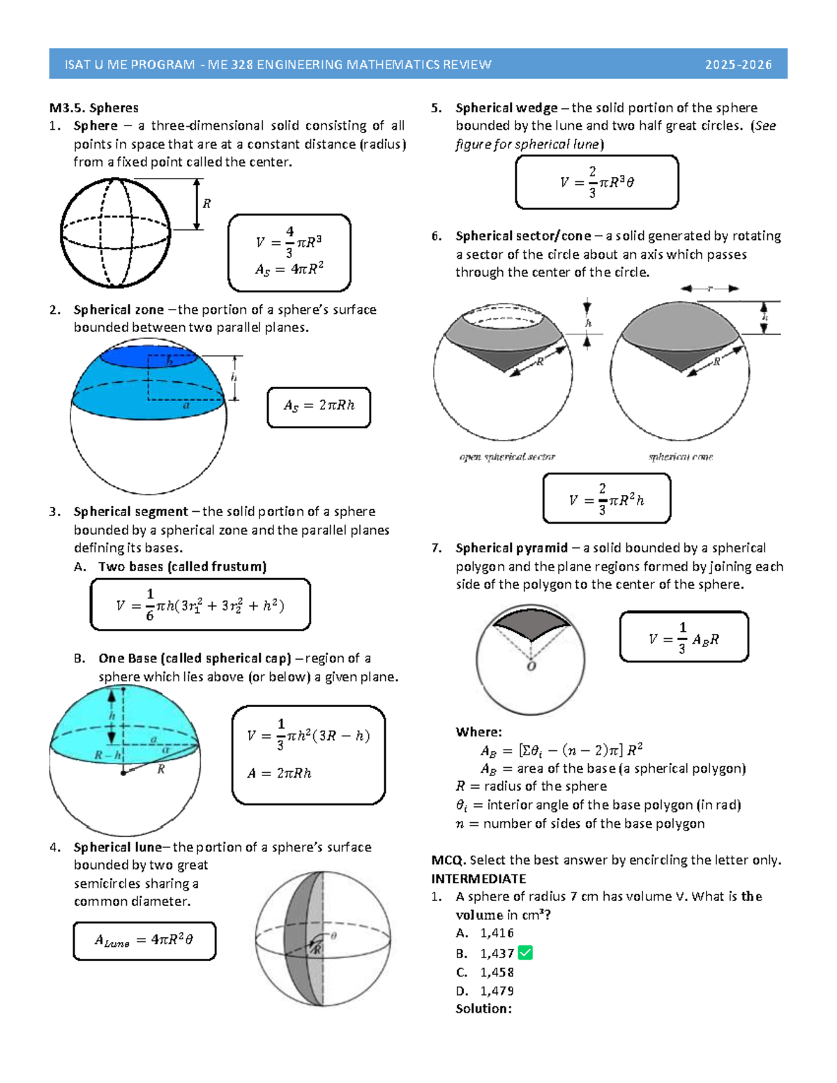 ME 328 Engineering Mathematics Review - Spheres - Studocu