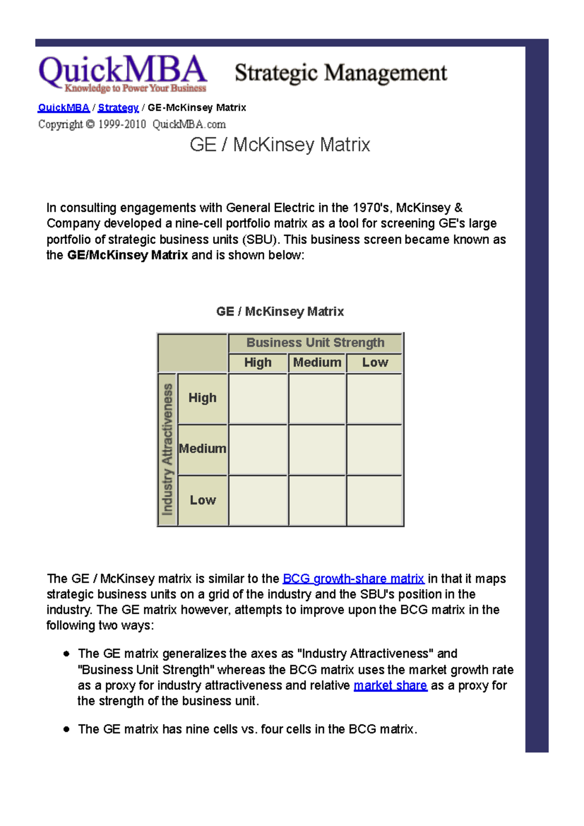 GE-McKinsey Matrix: A Strategic Business Unit Analysis - Studocu