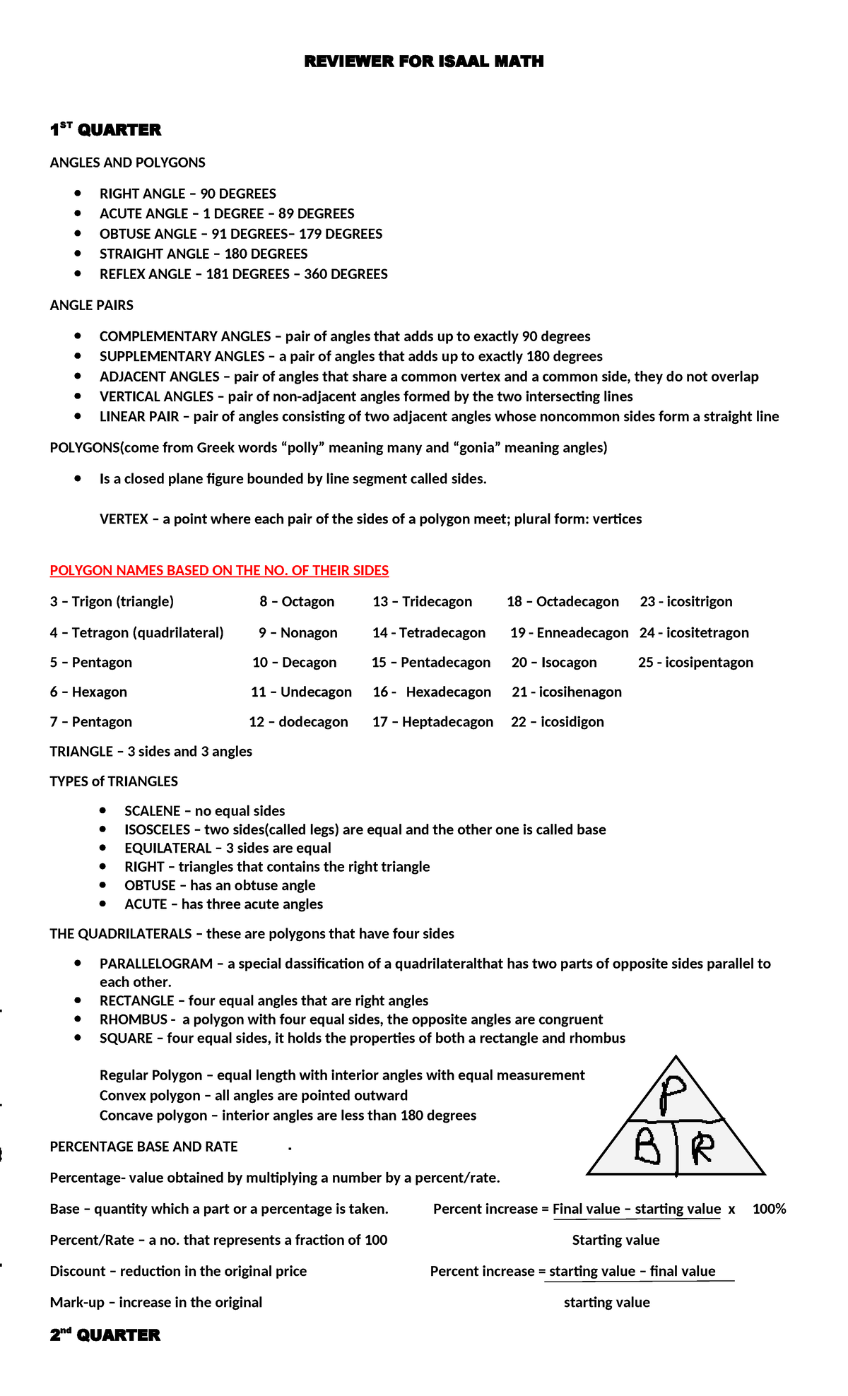 REVIEWER FOR ISAAL MATH 1ST QUARTER: ANGLES, POLYGONS & MEASUREMENT ...