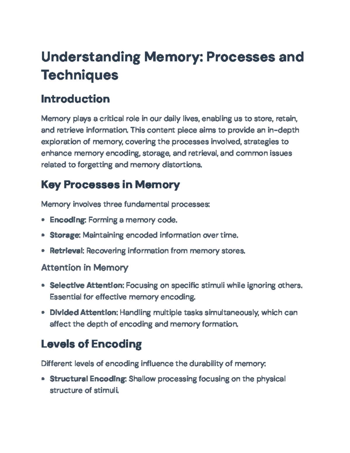Memory Processes: Encoding, Storage, Retrieval, and Forgetting ...