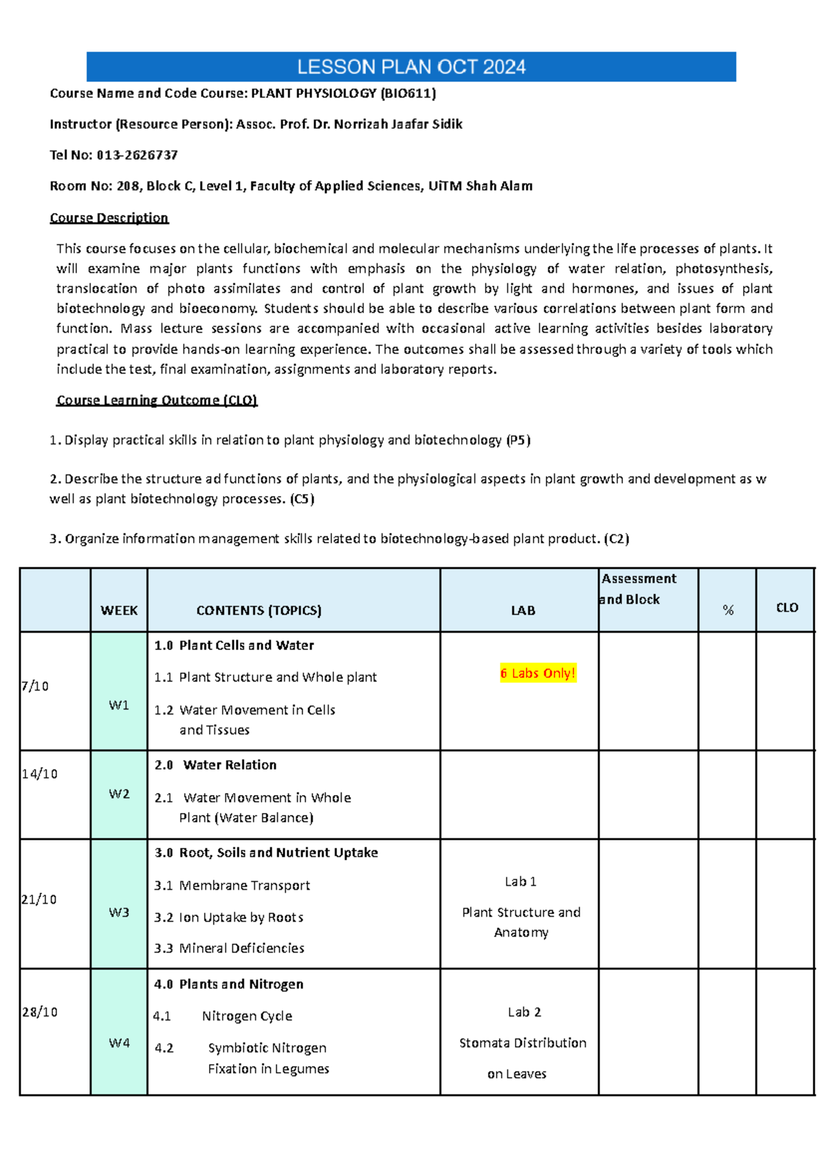 Lesson Plan for Plant Physiology (BIO611) - October 2024 - Studocu